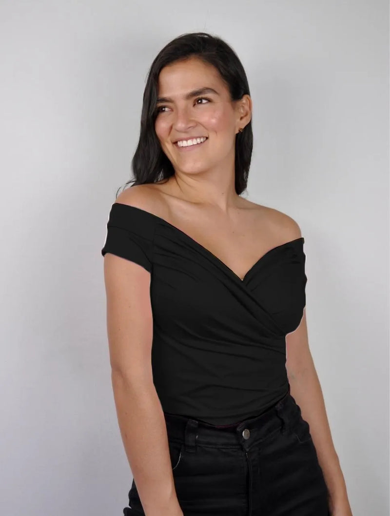 Body Escote Cruzado Cuello Bandeja Manga Sisa Leonora Negro Molgoa